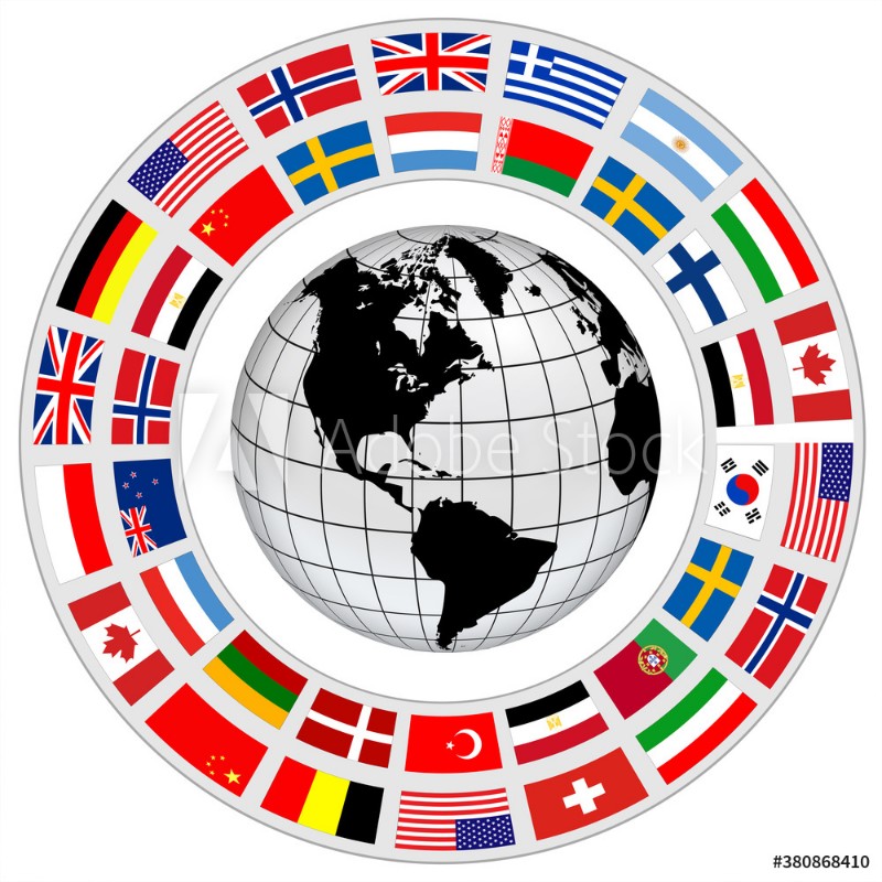 Earth globe 3D icon with a ring of flags around as international ...