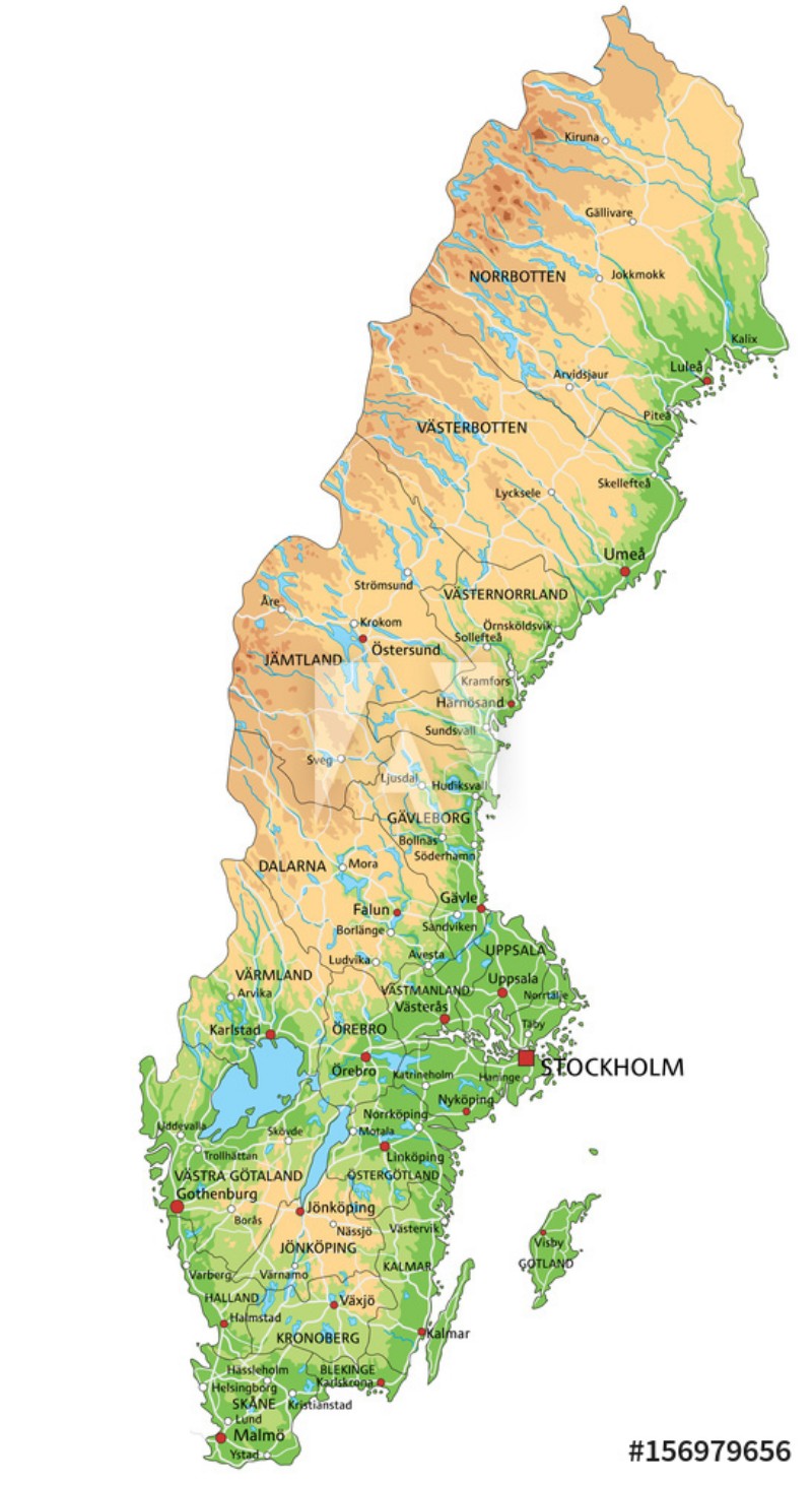 High detailed Sweden physical map with labeling de Wallmural | Wallpassion