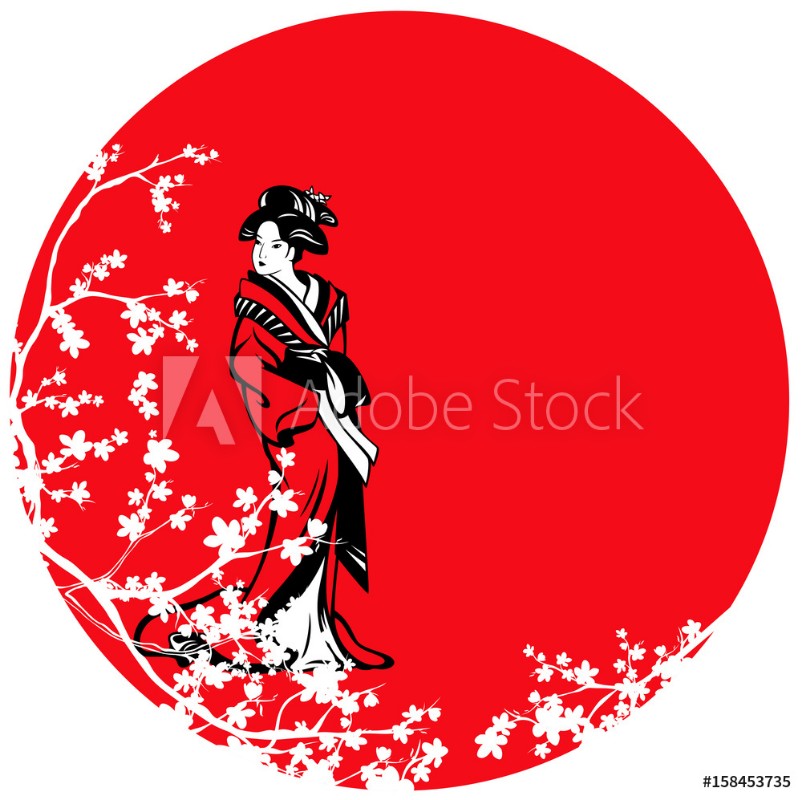 Wall mural Beautiful japanese geisha among sakura blossom against red ...