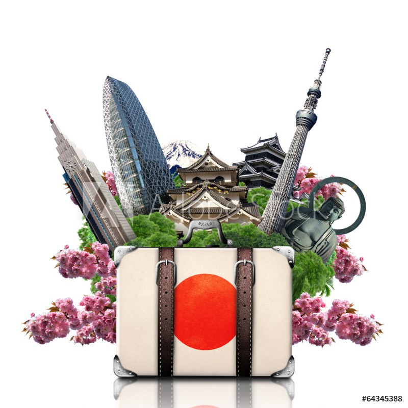 Fotobehang Japan japan landmarks travel and retro suitcase van ...