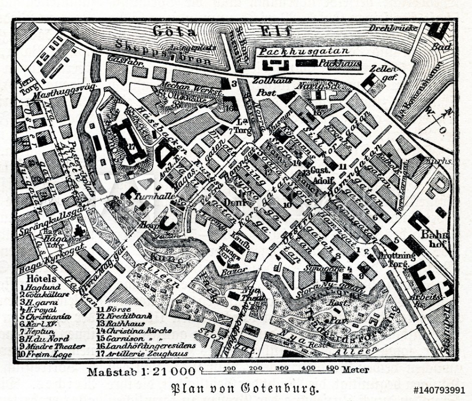 Wall mural Map of Gothenburg Gteborg Sweden from Meyers Lexikon 1895 ...