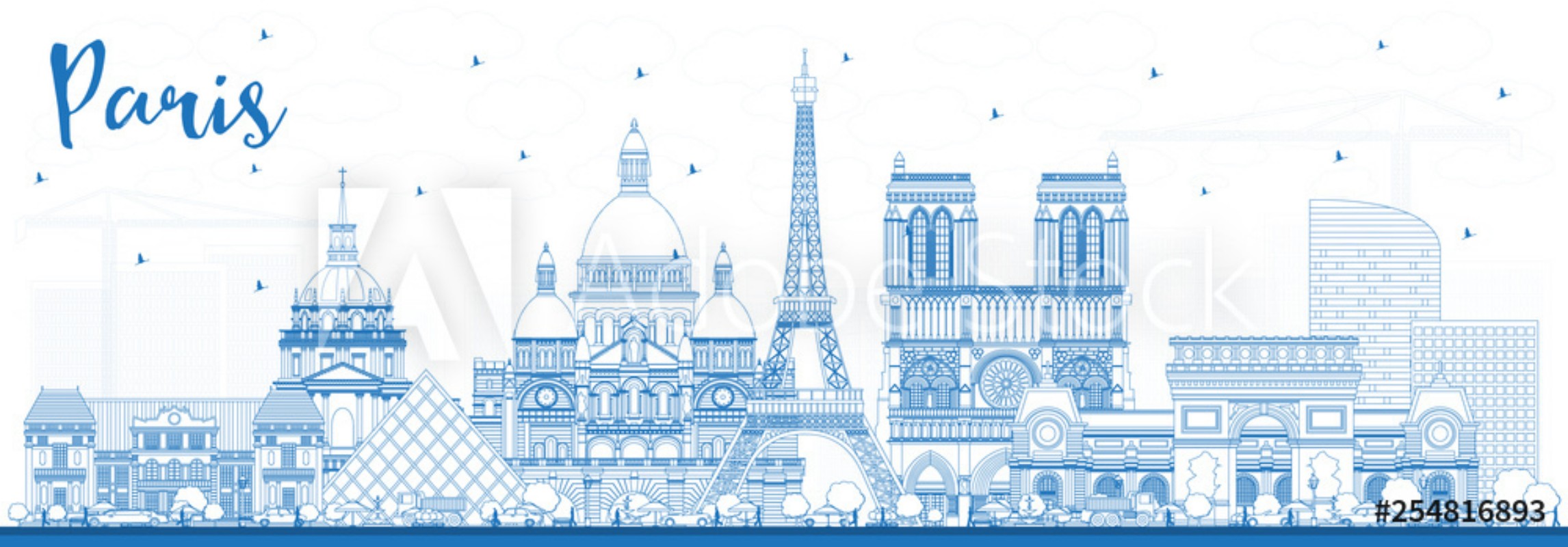 Wall mural Outline Paris France City Skyline with Blue Buildings from ...