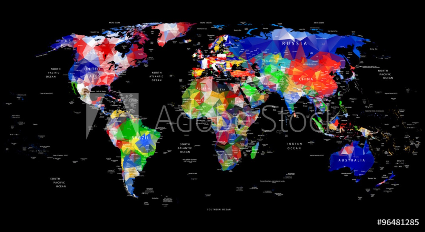 Wall mural GEOMETRIC DESIGN WORLD MAP WITH COUNTRY AND CITY NAMES from ...