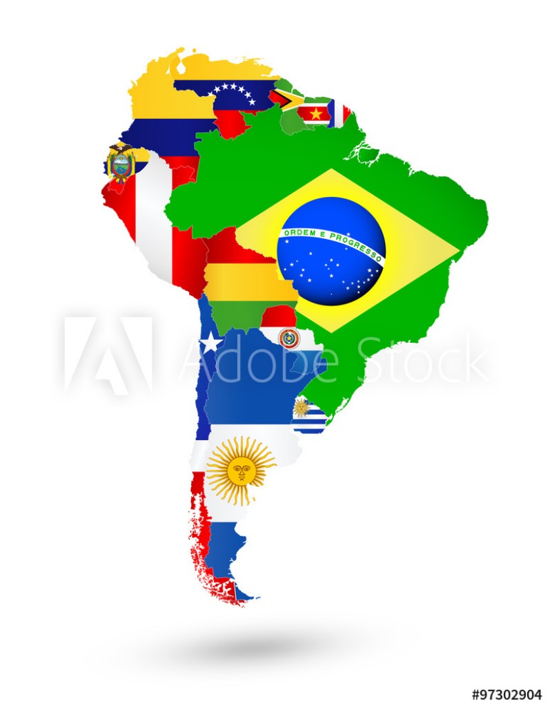 Wall mural South America Map with flags and location on world map from ...